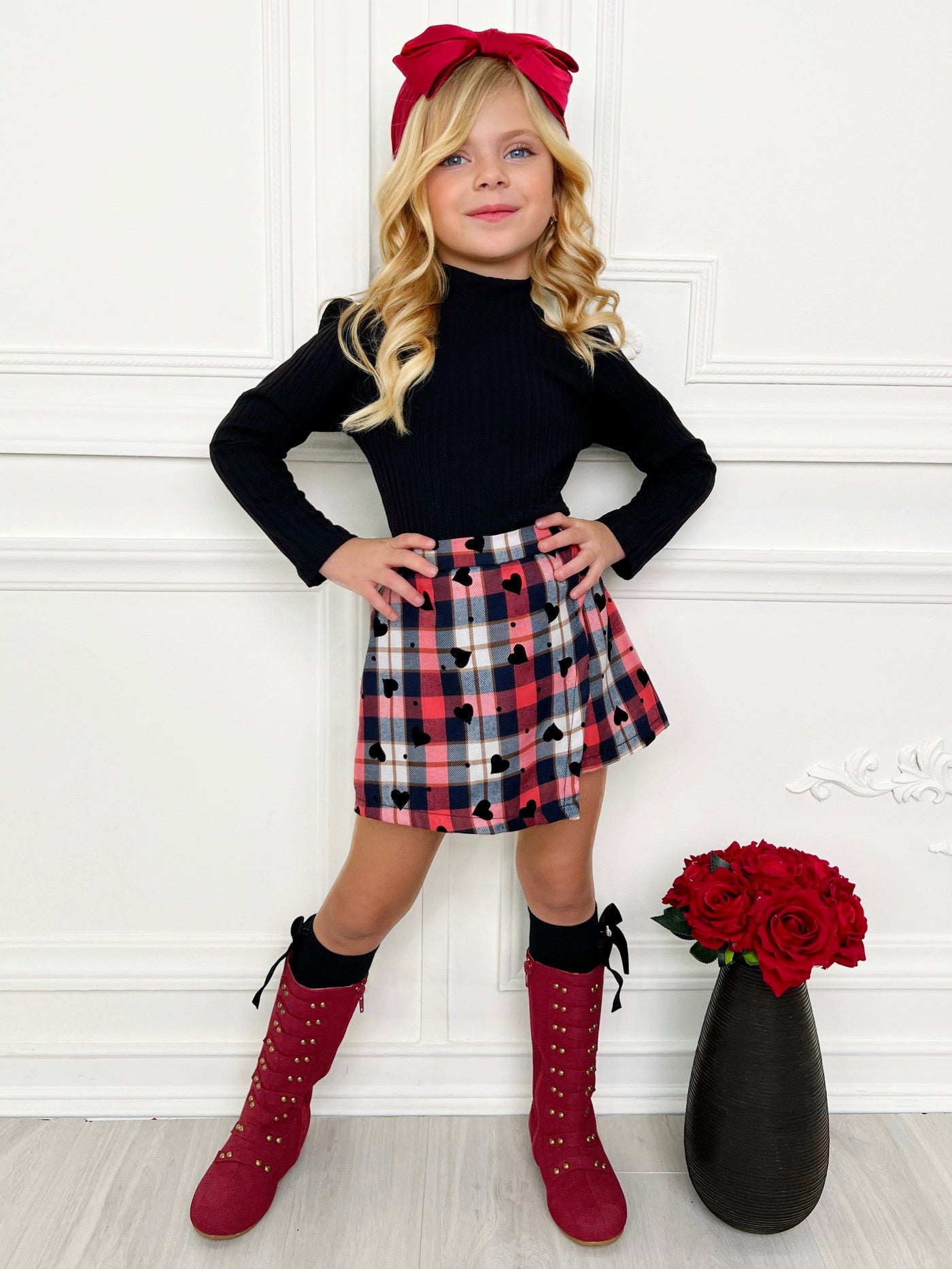 Toddler Valentine's Clothes | Turtle Neck Top & Plaid Heart Skort Set ...