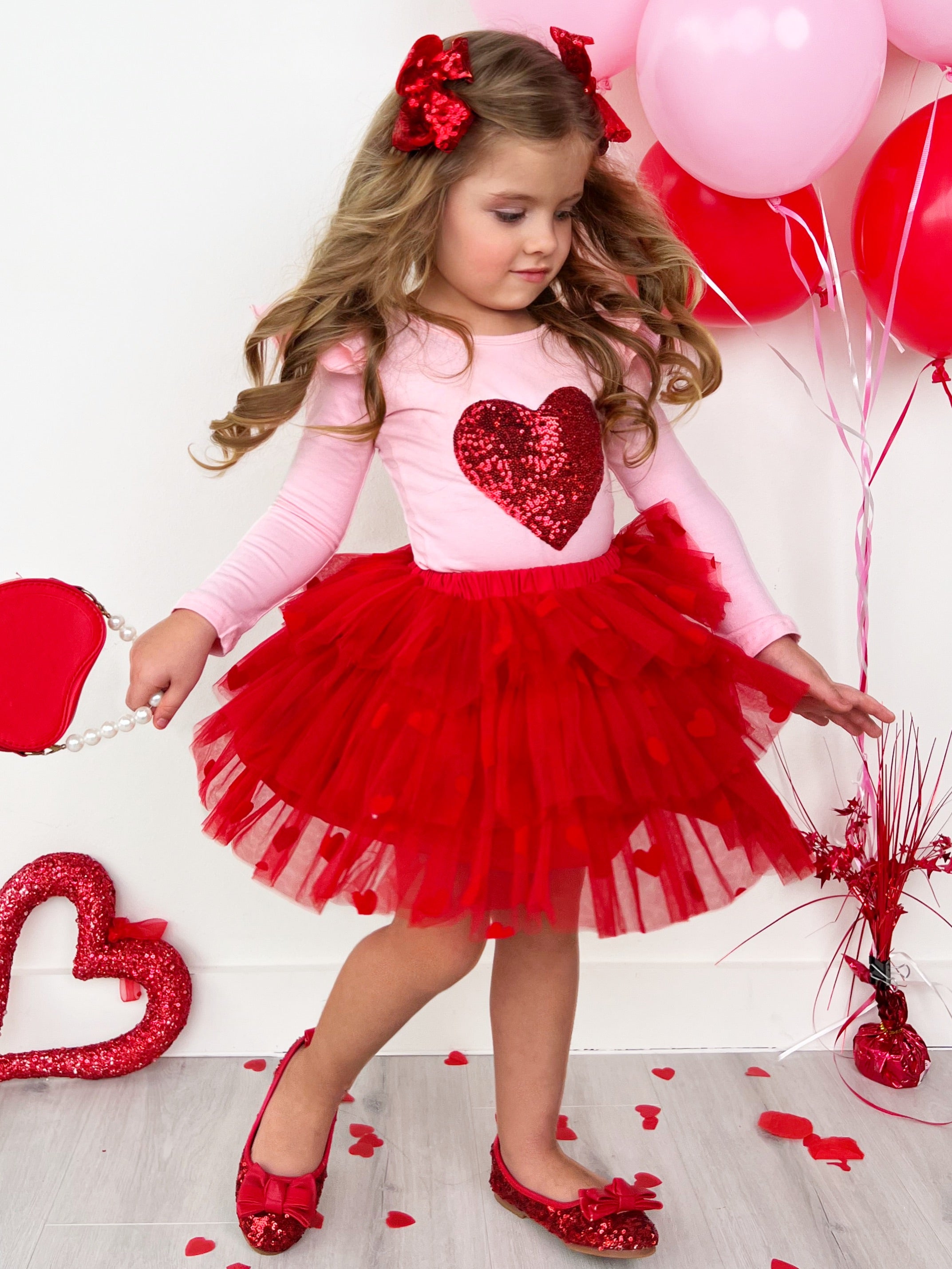 Sparkling Heart Ruffle Shoulder Top and Tiered Skirt Set – Mia Belle Girls