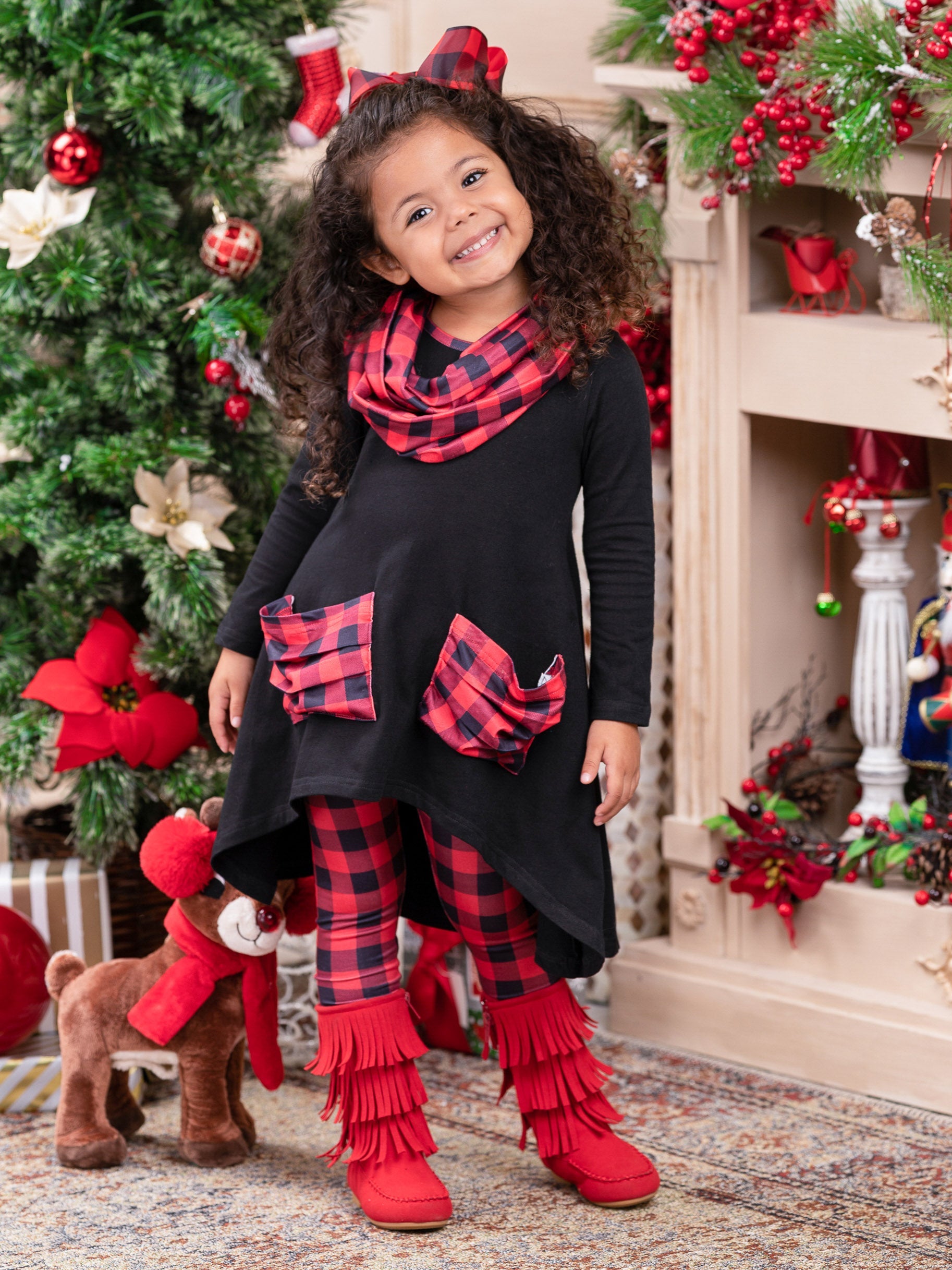Pretty Plaid Slouch Pocket Tunic, Leggings And Scarf Set – Mia Belle Girls