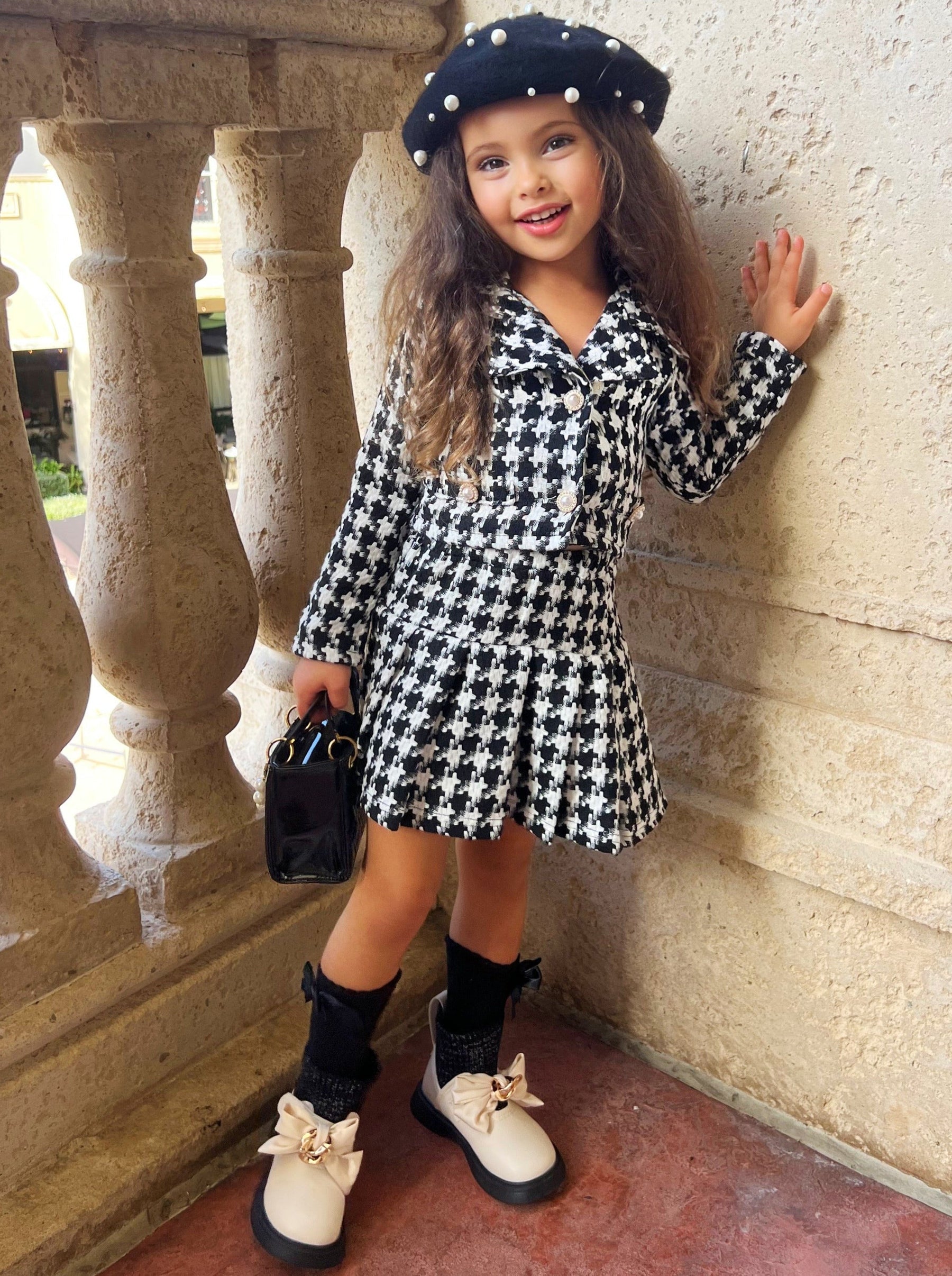 Pearl Houndstooth Luxe Blazer And Pleated Skirt Set – Mia Belle Girls