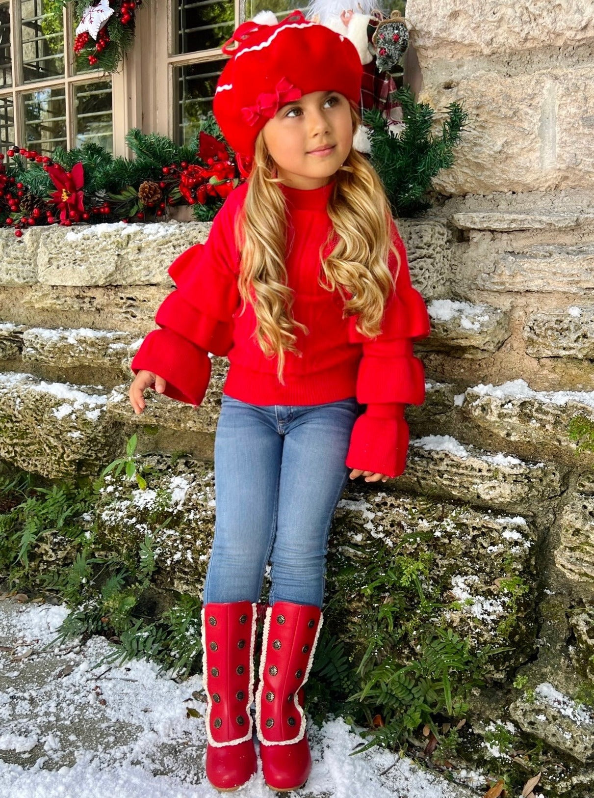 Cute Fall Sweaters | Girls Red Three Tiered Sleeve Cable Knit Sweater ...