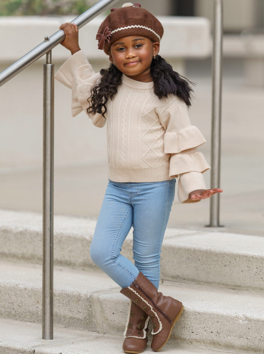 Cute Fall Sweaters | Girls Creme Three Tiered Sleeve Cable Knit Sweater ...