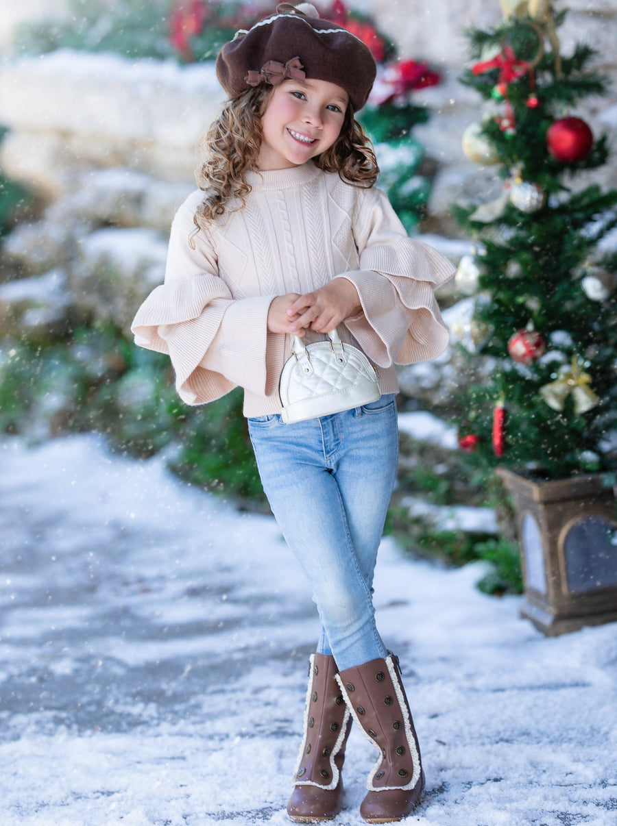 Cute Fall Sweaters | Girls Creme Three Tiered Sleeve Cable Knit Sweater ...