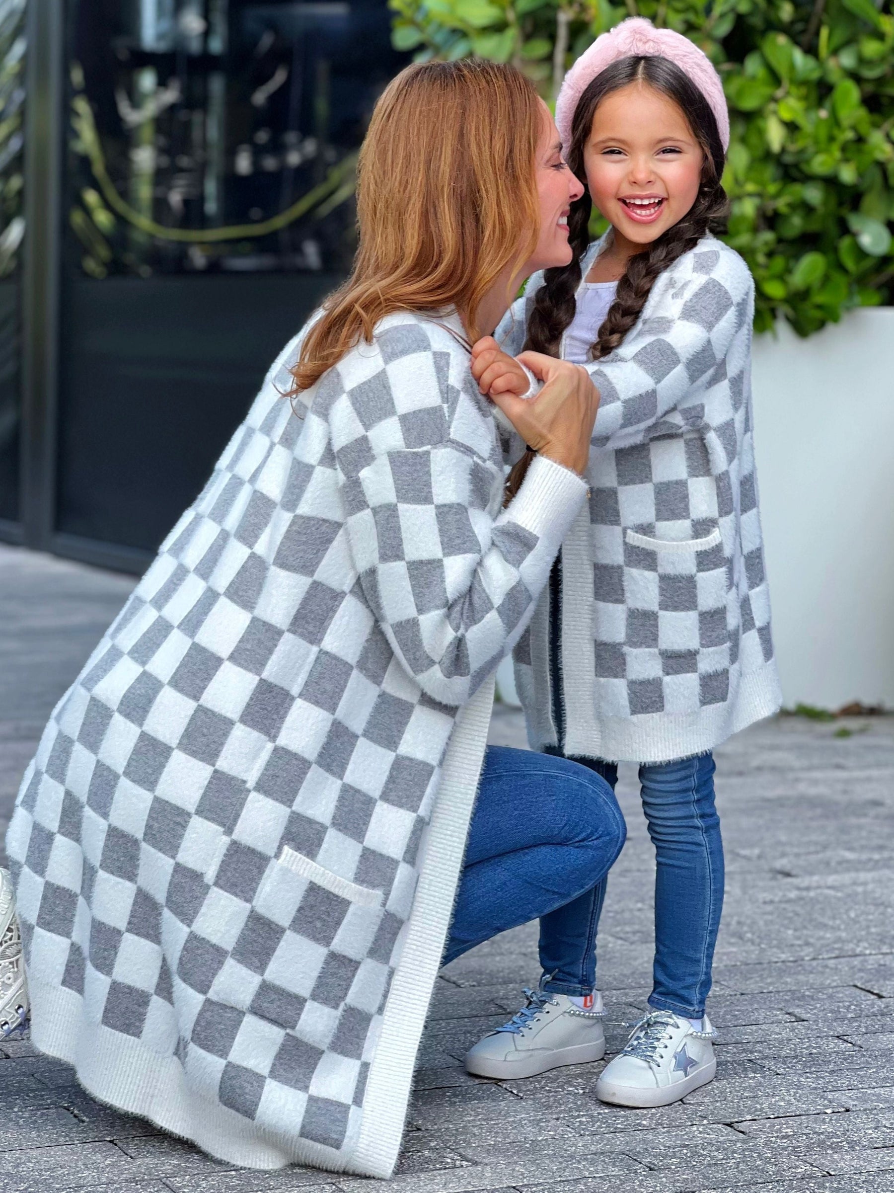 Mia Belle Girls Grey Checkered Open Cardigan | Mommy And Me Outfits