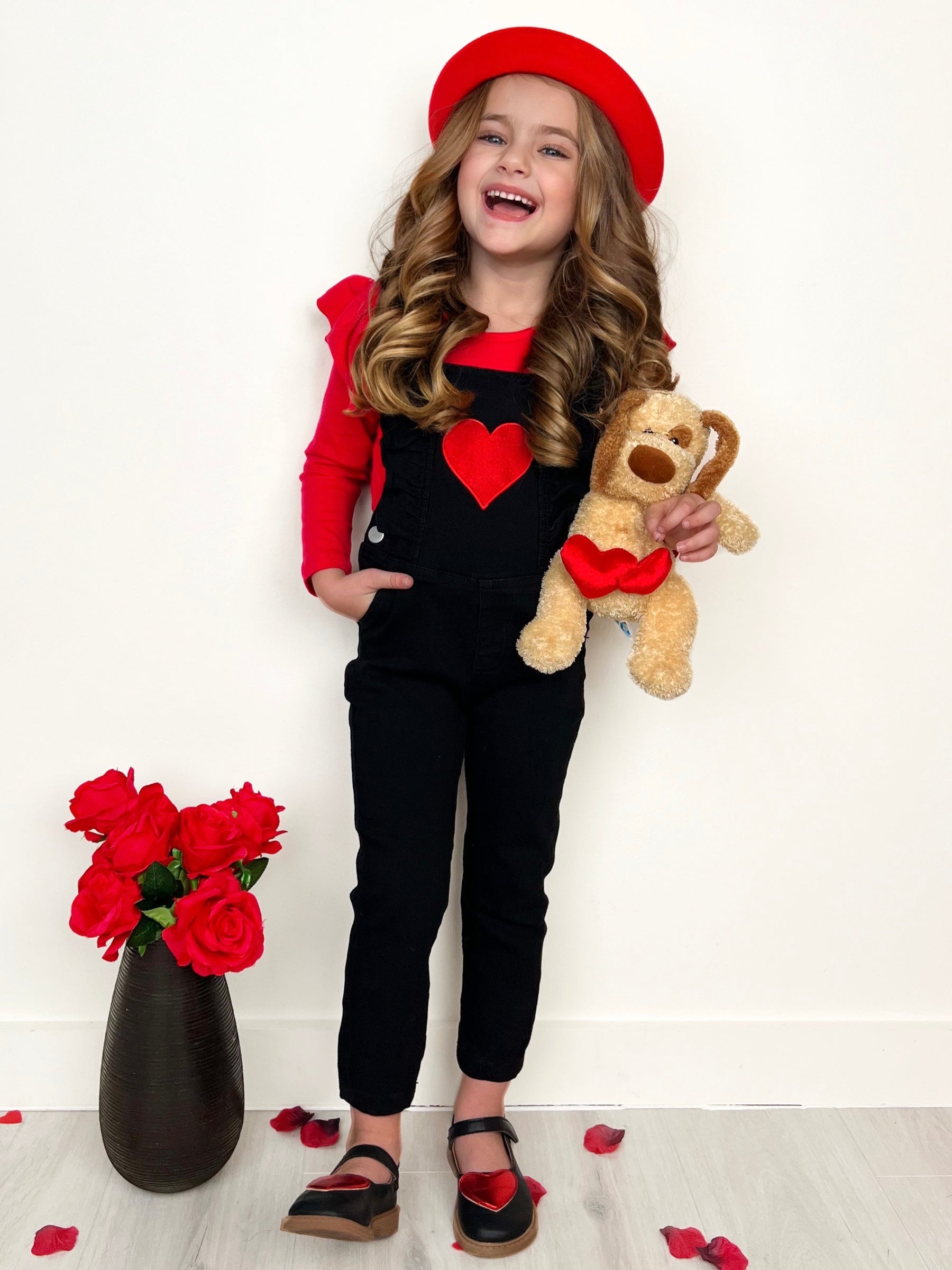 Heart Ruffle Long Sleeve Top and Black Overall Set – Mia Belle Girls