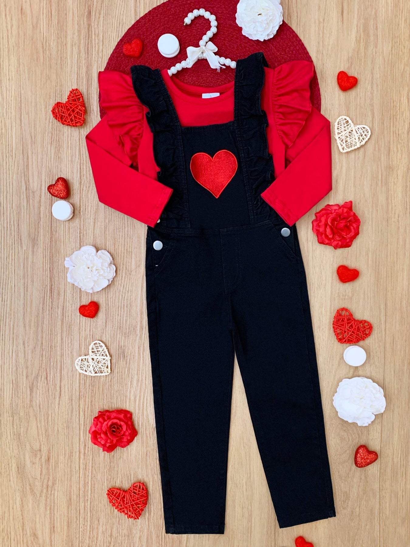 Heart Ruffle Long Sleeve Top and Black Overall Set – Mia Belle Girls