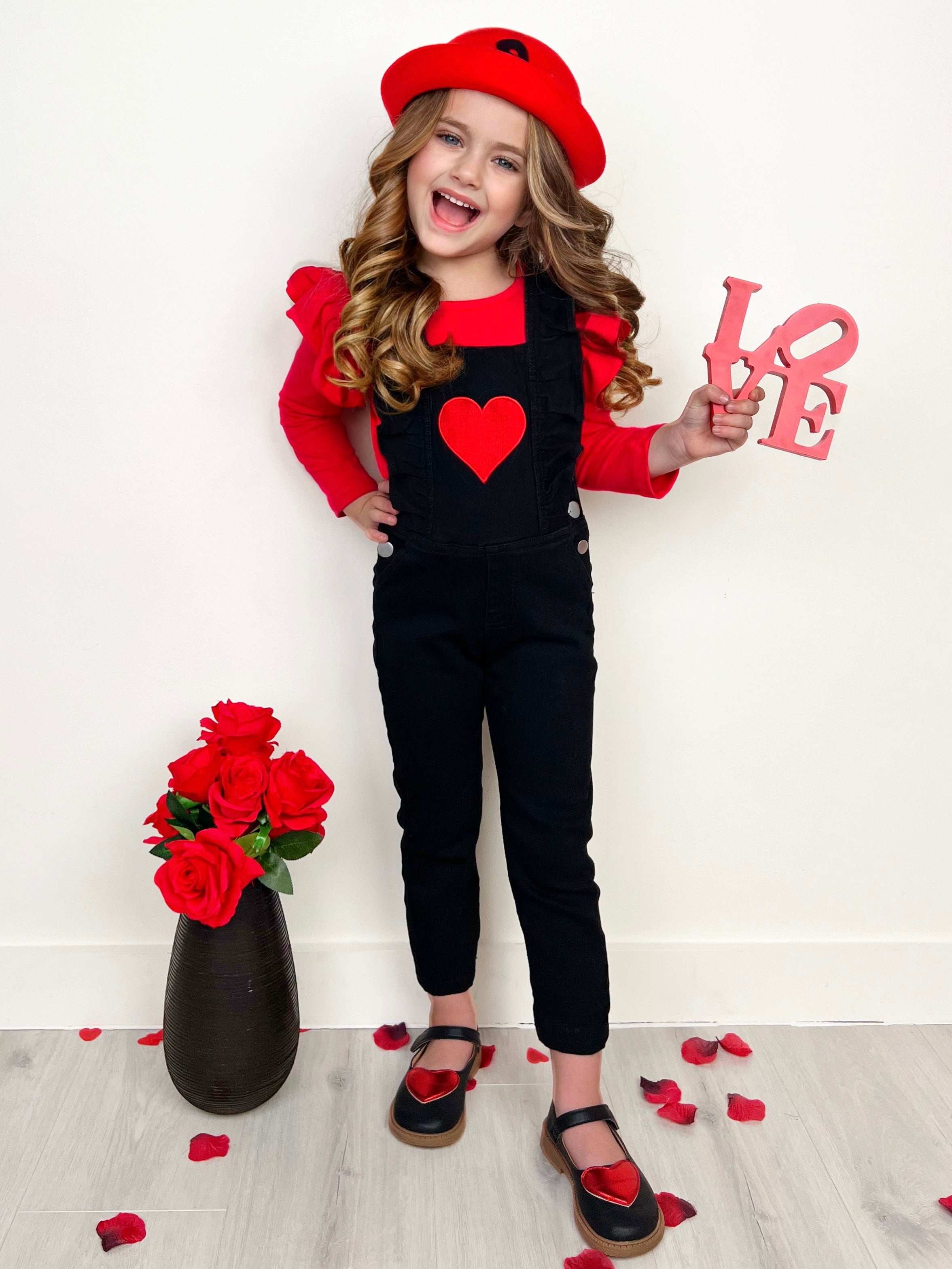 Heart Ruffle Long Sleeve Top and Black Overall Set – Mia Belle Girls