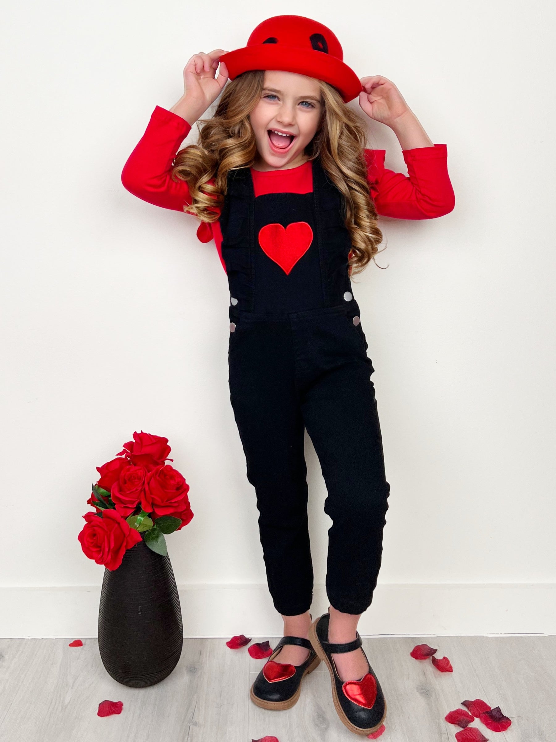 Heart Ruffle Long Sleeve Top and Black Overall Set – Mia Belle Girls