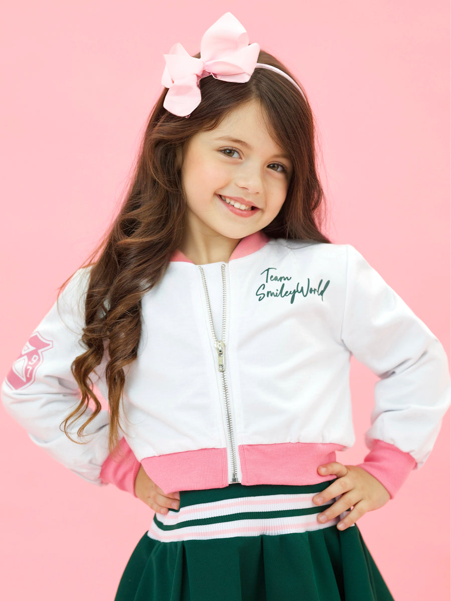 SmileyWorld Happiness Engaged Sporty Cropped Bomber Jacket – Mia Belle Girls
