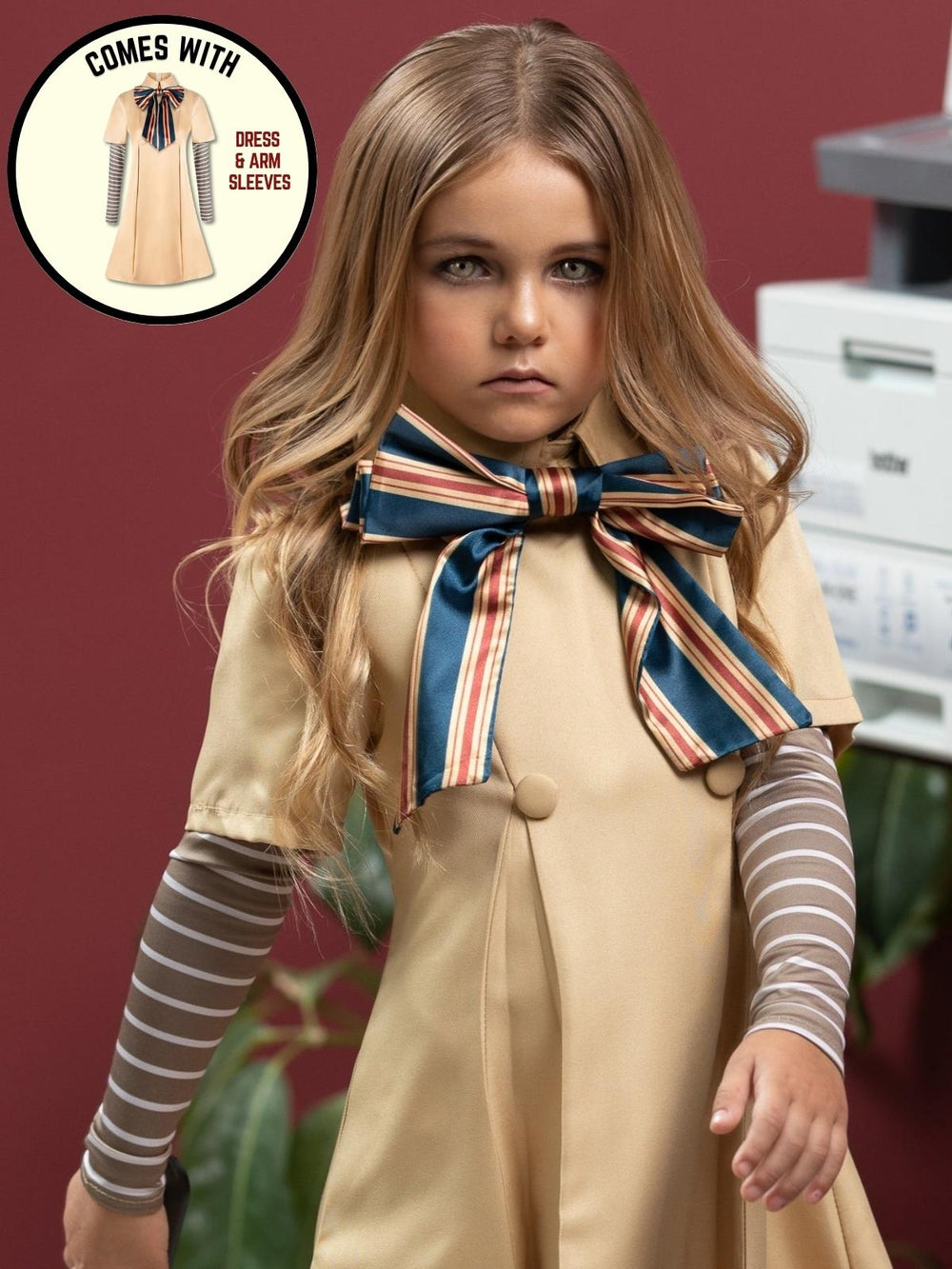 Girls Halloween Costumes | M3GAN Beige Pleated Trench Dress Costume ...
