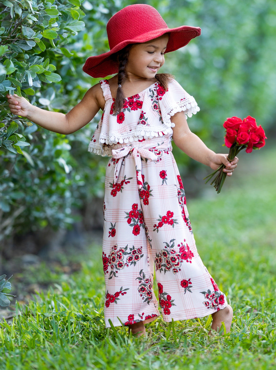 Girls Spring Outfits | Ruffle Crochet Trim Sash One Shoulder Jumpsuit ...
