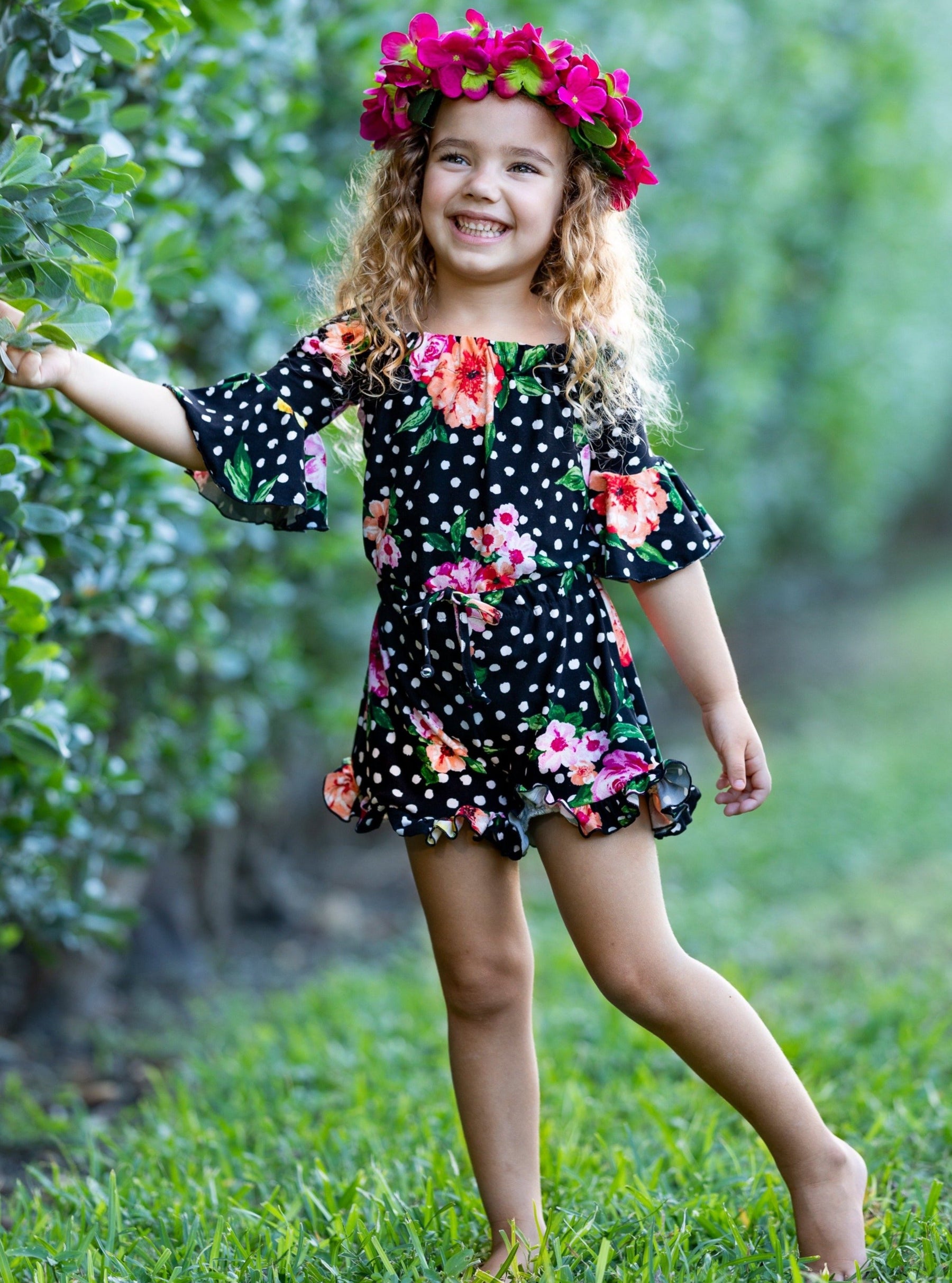 Children's Rompers | Girls Spring Floral Boho Drawstring Ruffle Romper ...