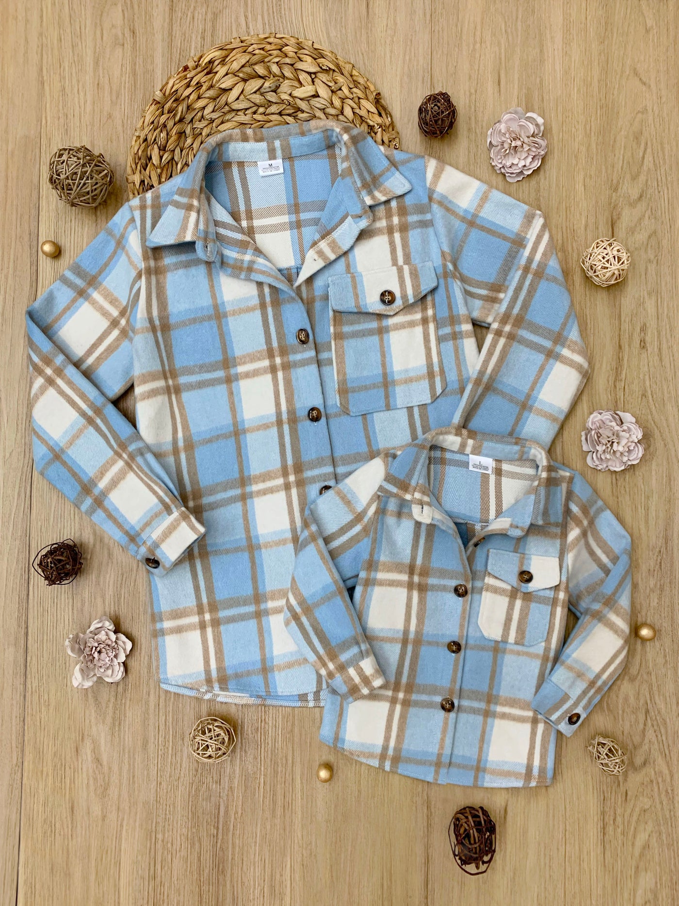Mommy and Me Blue and Tan Plaid Flannel Shacket – Mia Belle Girls