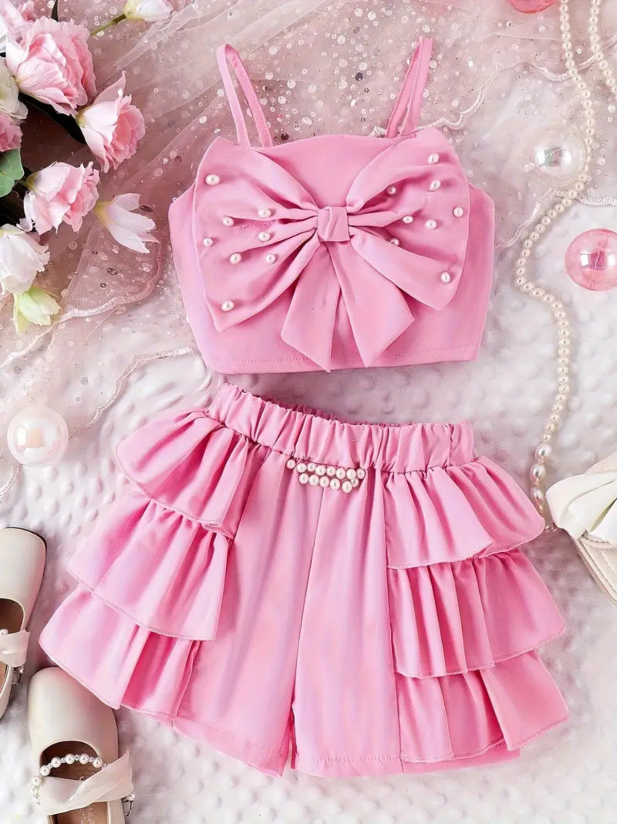 Parisian Pearl Bow Top and Ruffle Short Set – Mia Belle Girls