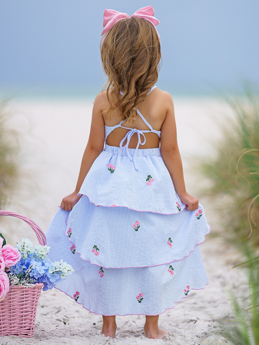 Toddler Spring Dress | Girls Sleeveless Pinstripe Floral Tiered Dress ...
