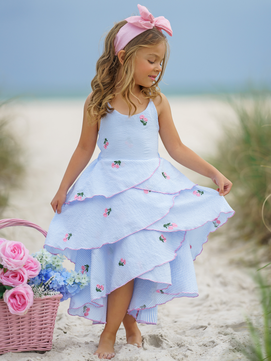 Toddler Spring Dress | Girls Sleeveless Pinstripe Floral Tiered Dress ...