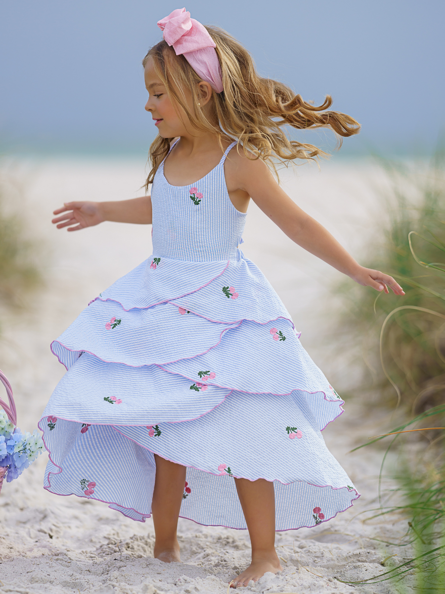 Toddler Spring Dress | Girls Sleeveless Pinstripe Floral Tiered Dress ...