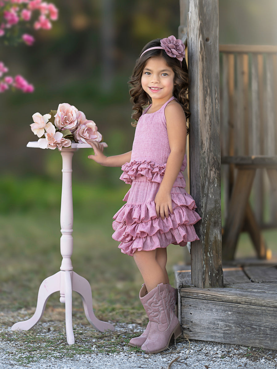 Rosewood Linen Ruffle Halter Top and Skirt Set – Mia Belle Girls