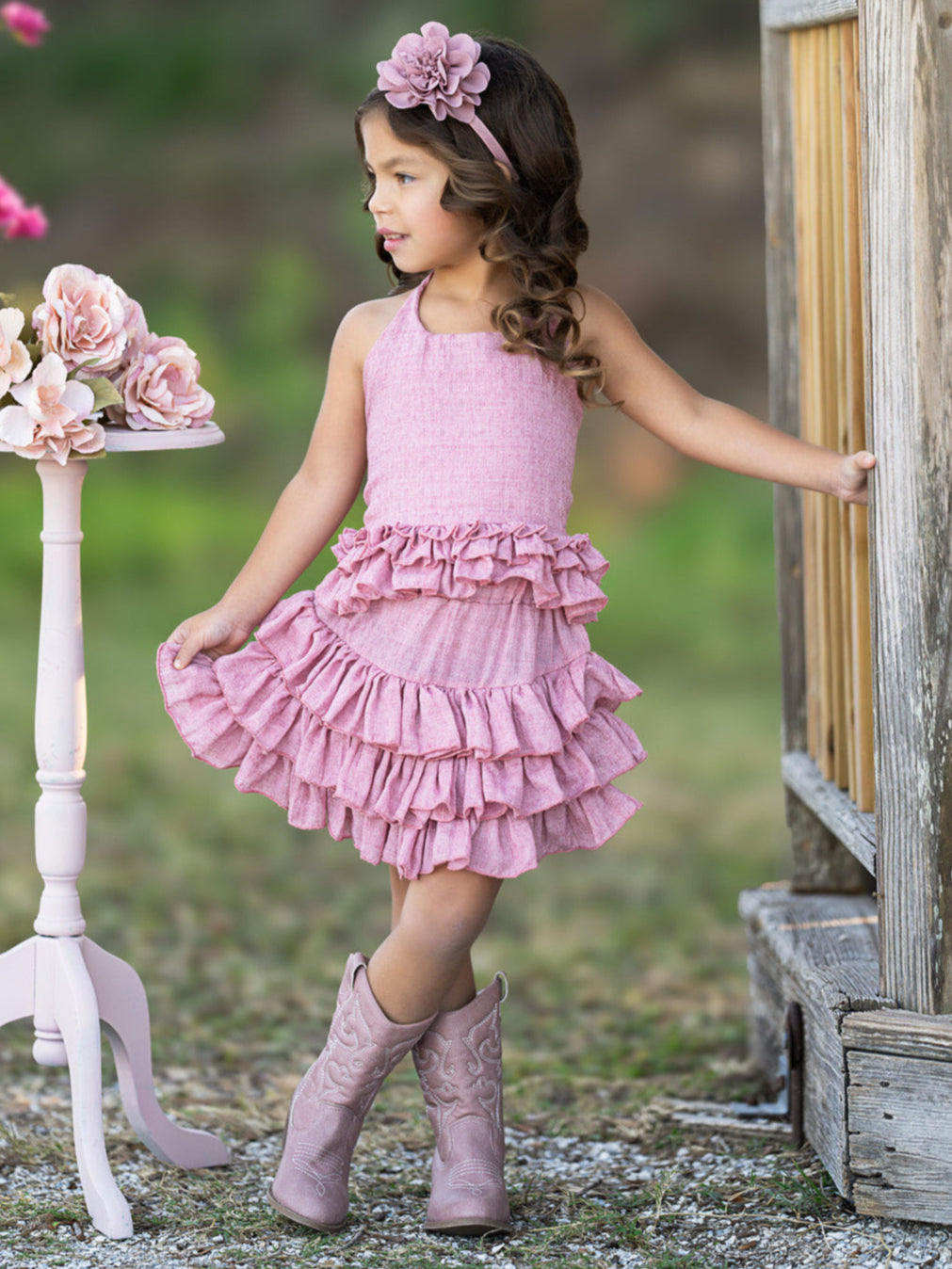 Rosewood Linen Ruffle Halter Top and Skirt Set – Mia Belle Girls