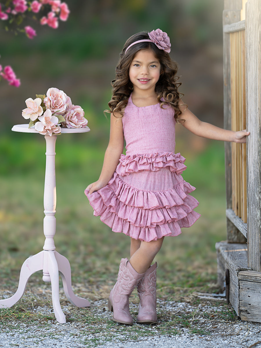 Rosewood Linen Ruffle Halter Top and Skirt Set – Mia Belle Girls