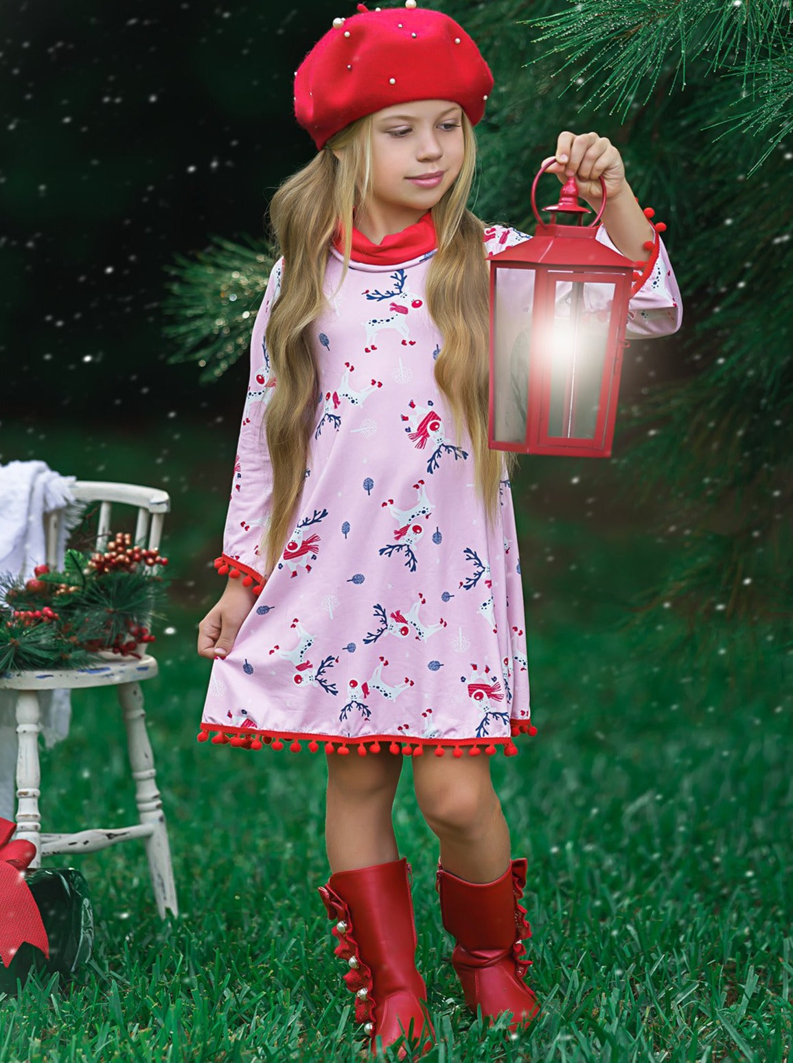 Rudolph Ready Turtleneck Pom Pom Hem Dress – Mia Belle Girls