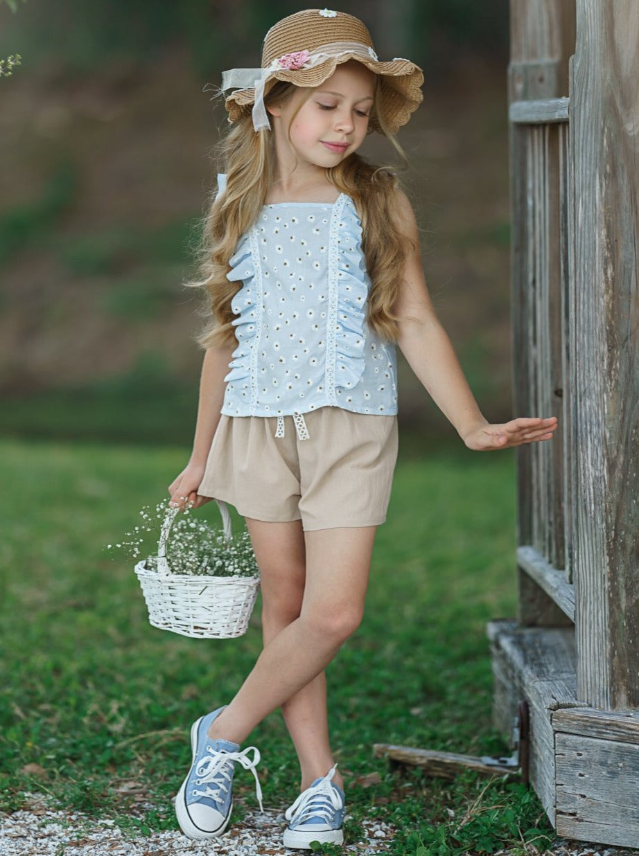 Girls Cute Spring Outfits | Eyelet Ruffle Top And Paperbag Shorts Set ...