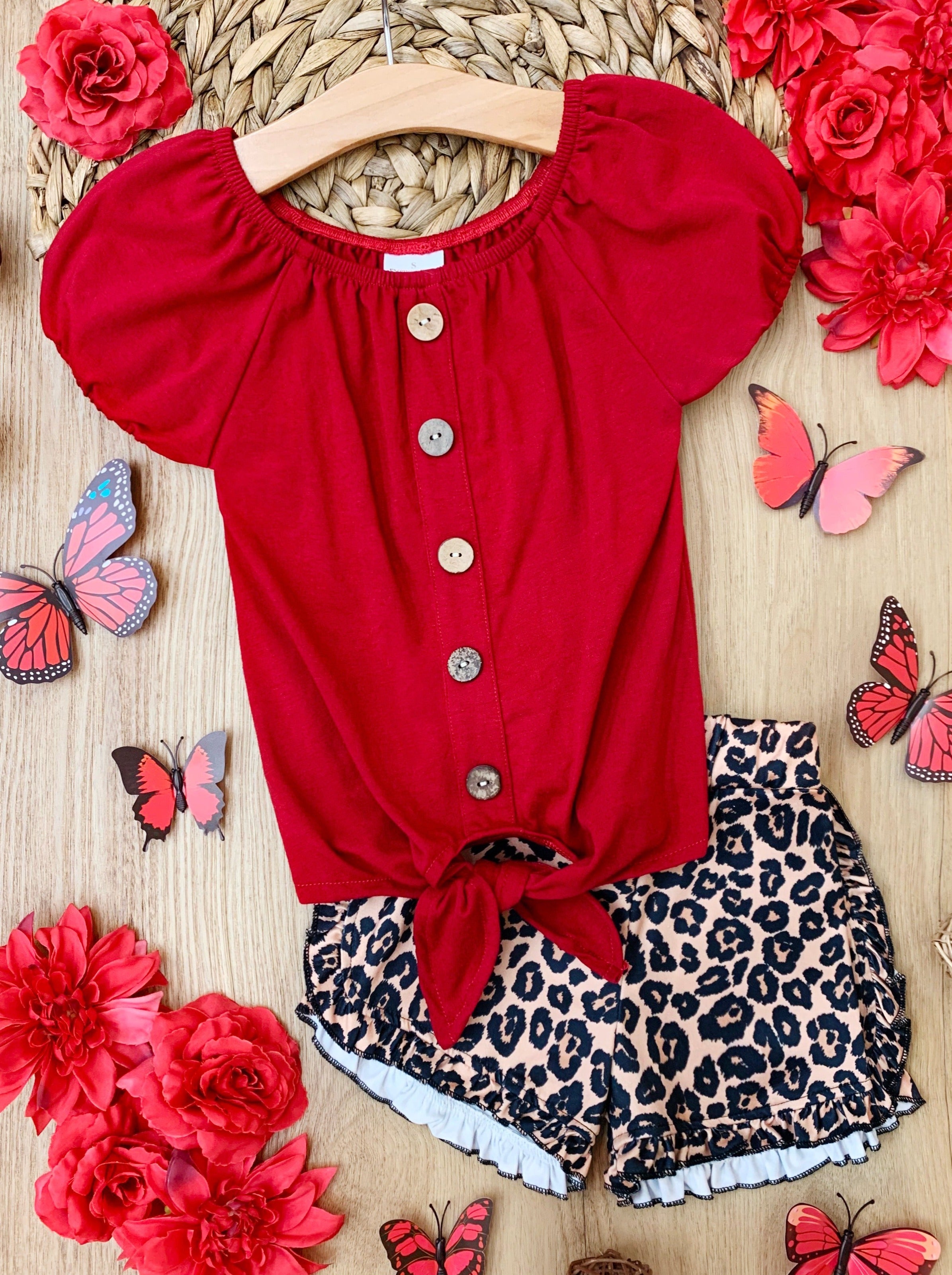 Girls Spring Outfits | Button Down Knot Hem Top & Leopard Shorts Set ...
