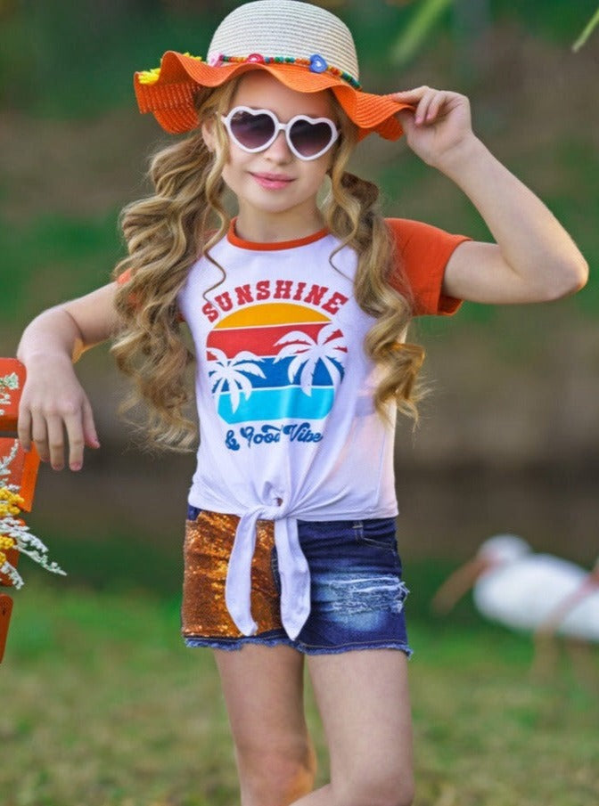 Girls Summer Sets | Raglan Knot Hem Top And Patched Denim Short Set ...