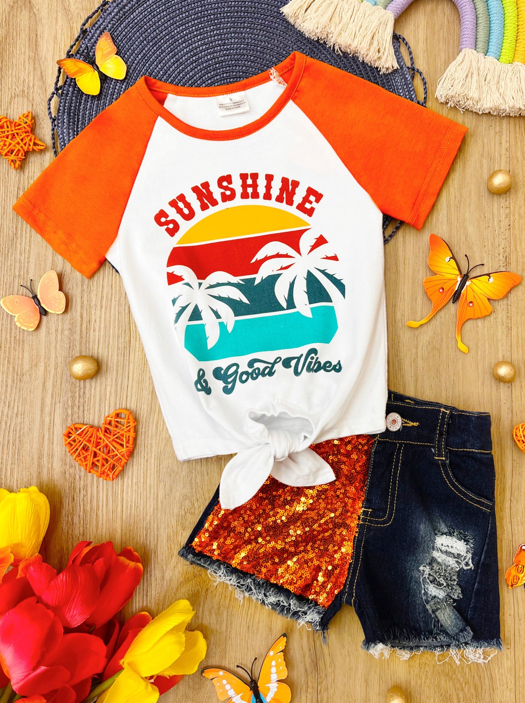 Girls Summer Sets | Raglan Knot Hem Top And Patched Denim Short Set ...