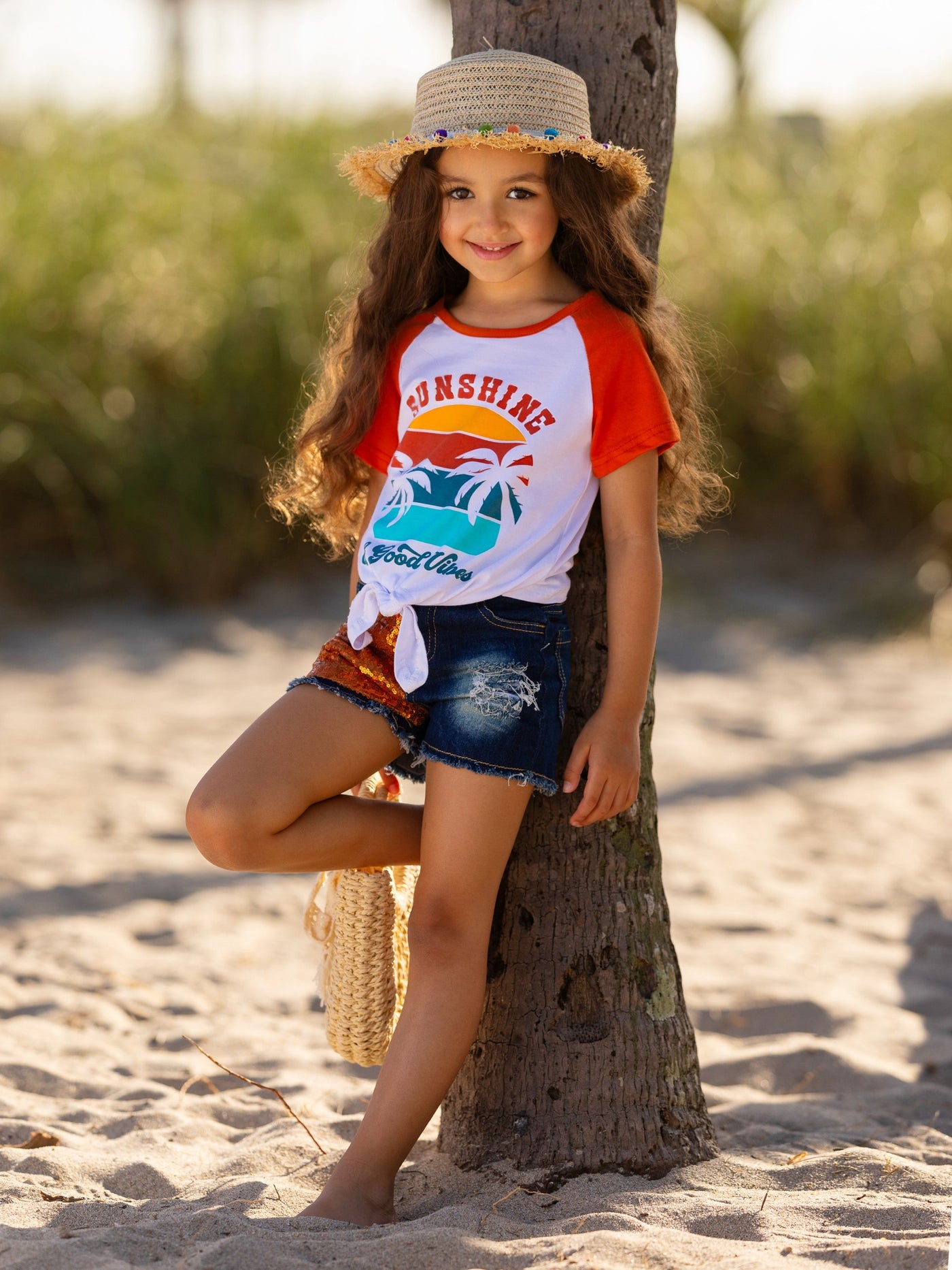 Girls Summer Sets | Raglan Knot Hem Top And Patched Denim Short Set ...