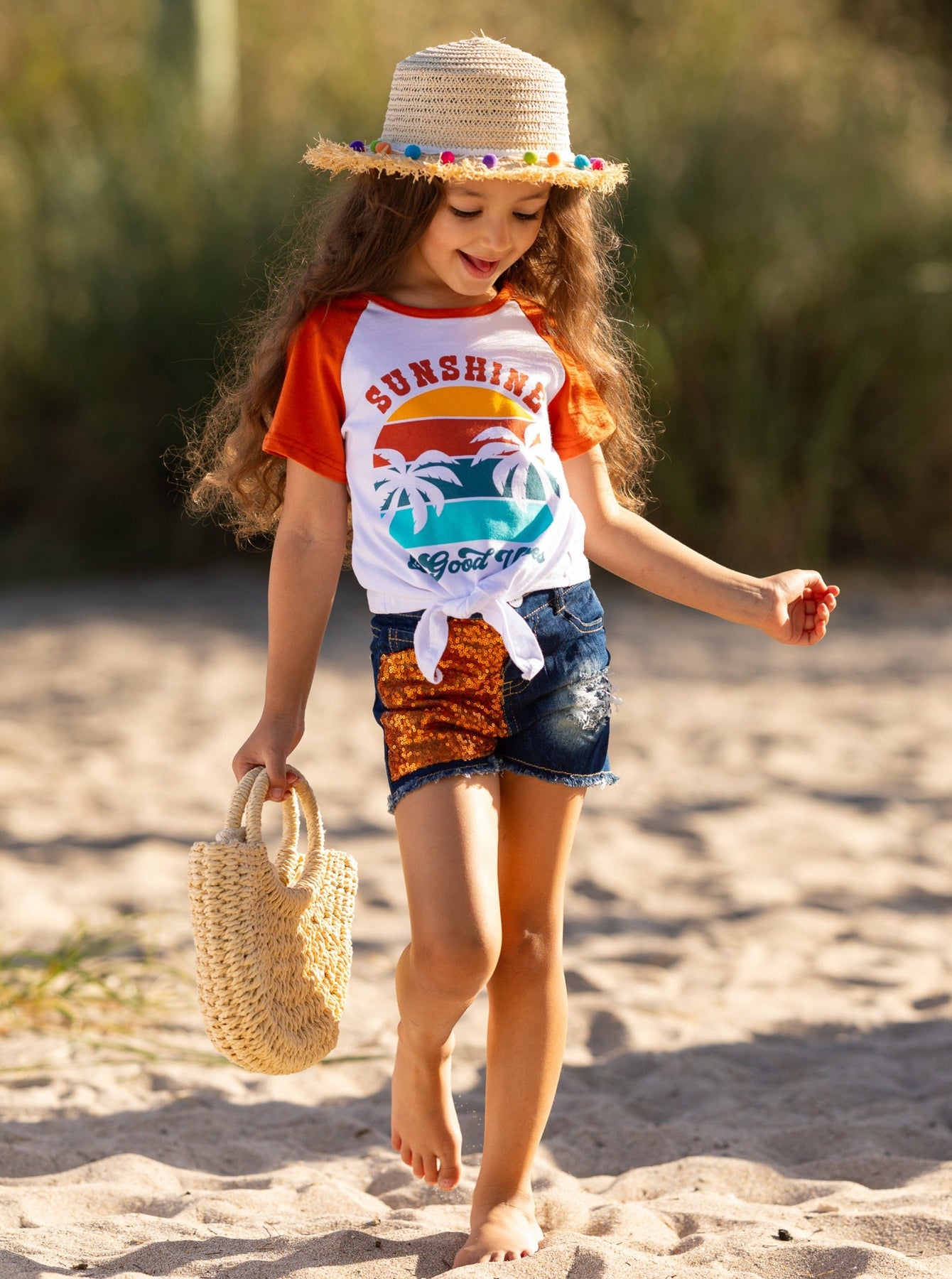 Girls Spring Outfits | Raglan Knot Hem Top And Patched Denim Short Set ...