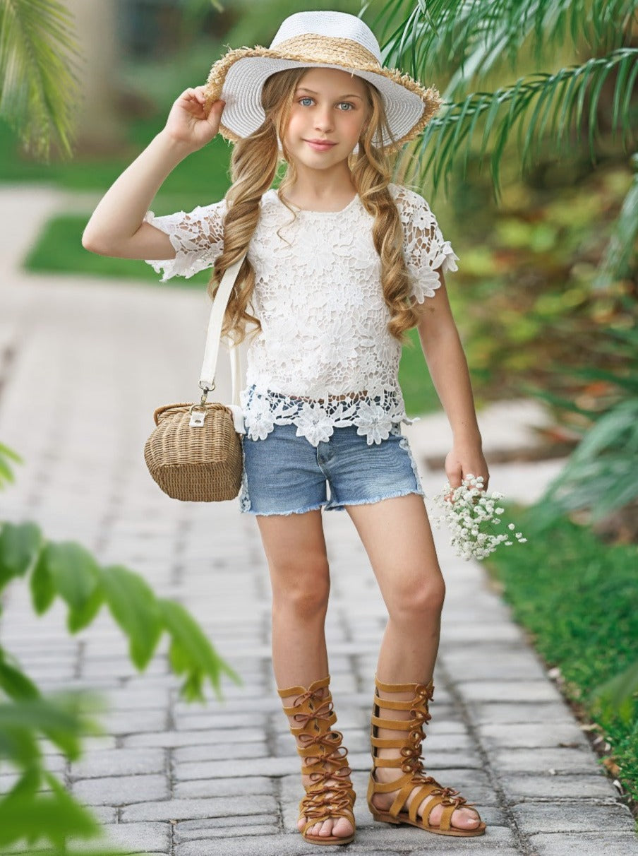 Kids Spring Clothes | Girls Eyelet Lace Top & Lined Denim Shorts Set ...
