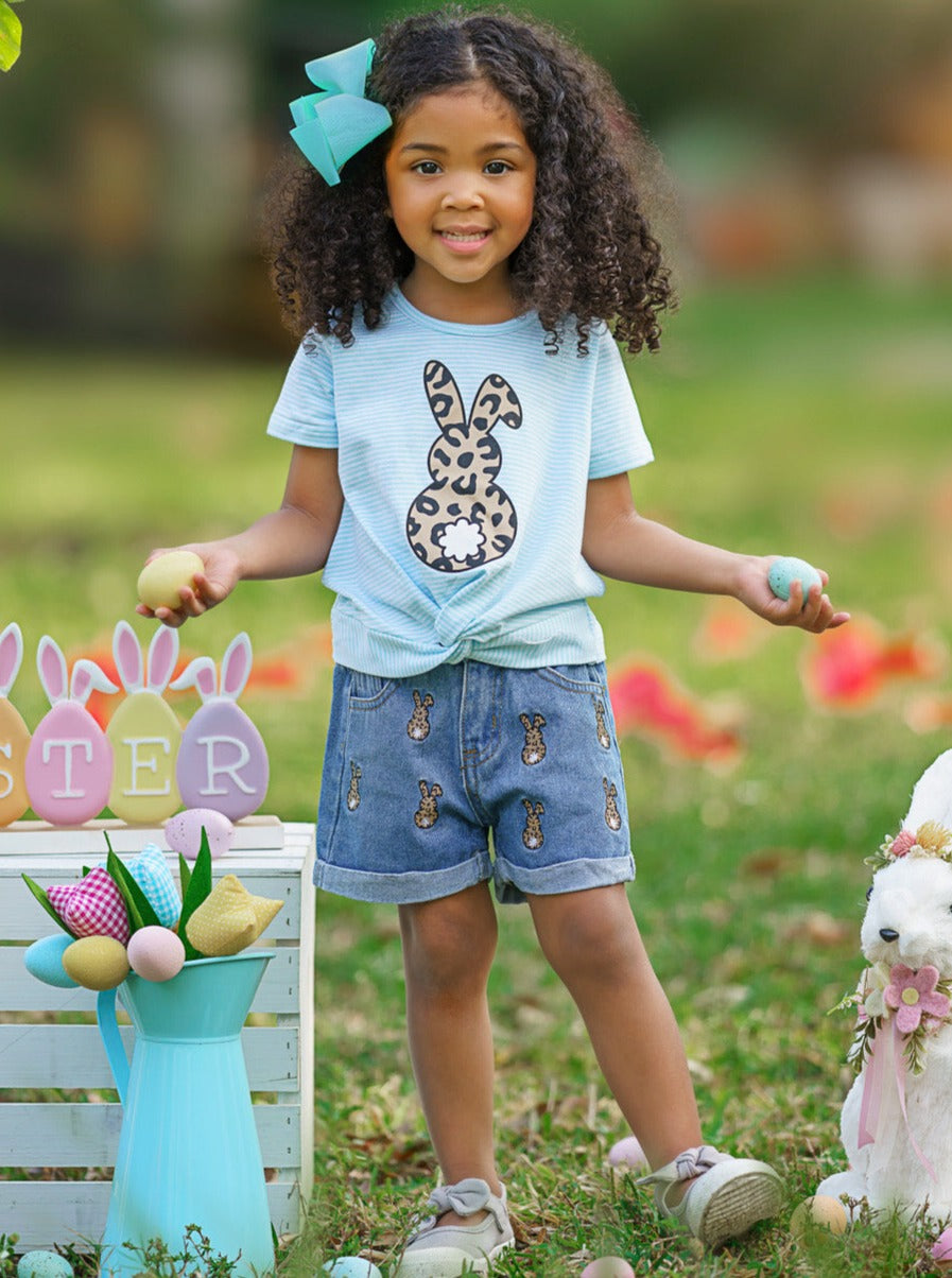 Girls Striped Leopard Bunny Top & Denim Shorts Set - Mia Bella Girls ...