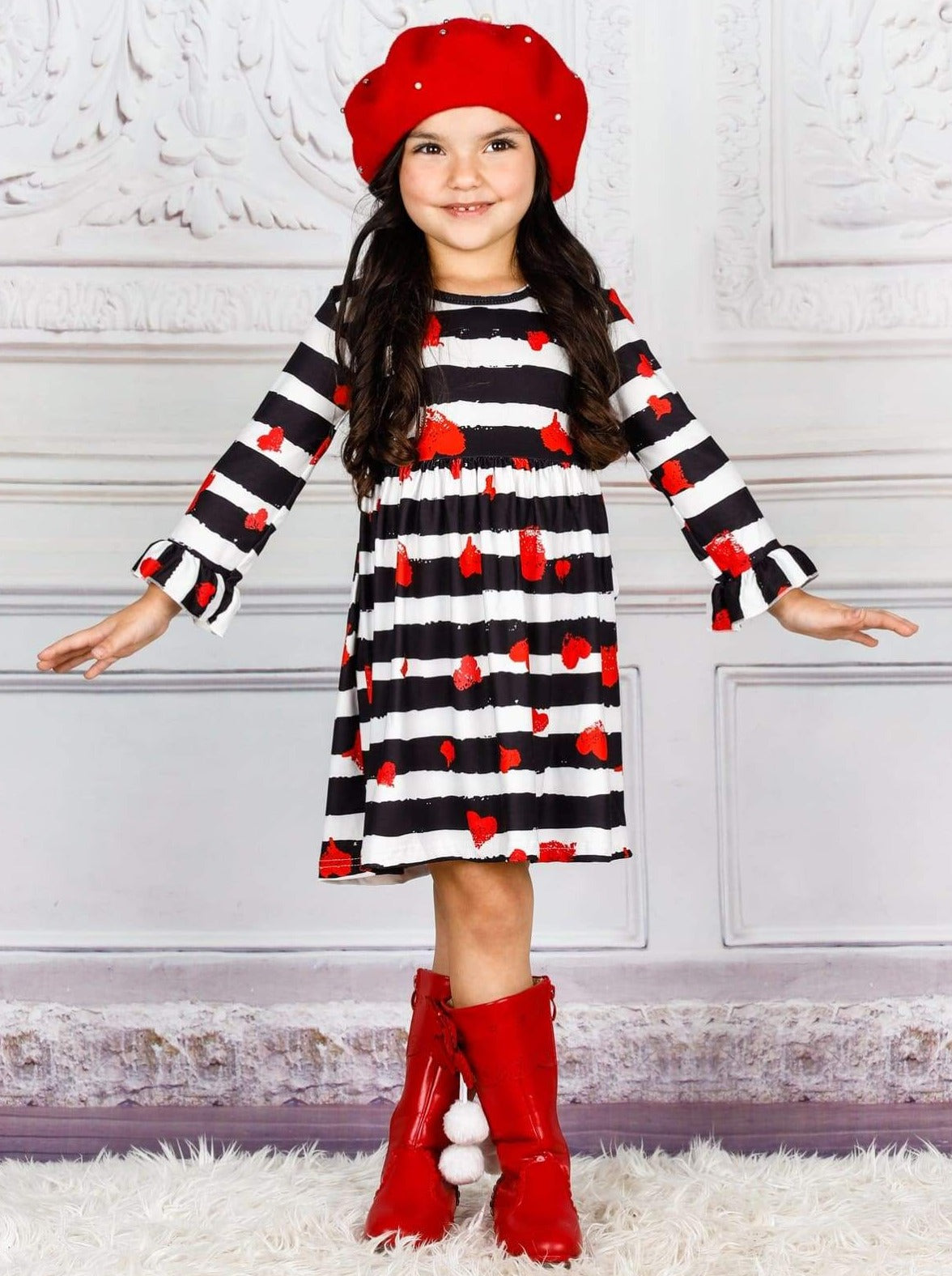 Kids Valentine's Day Dress | Girls Stripe Heart Print Ruffle Dress ...