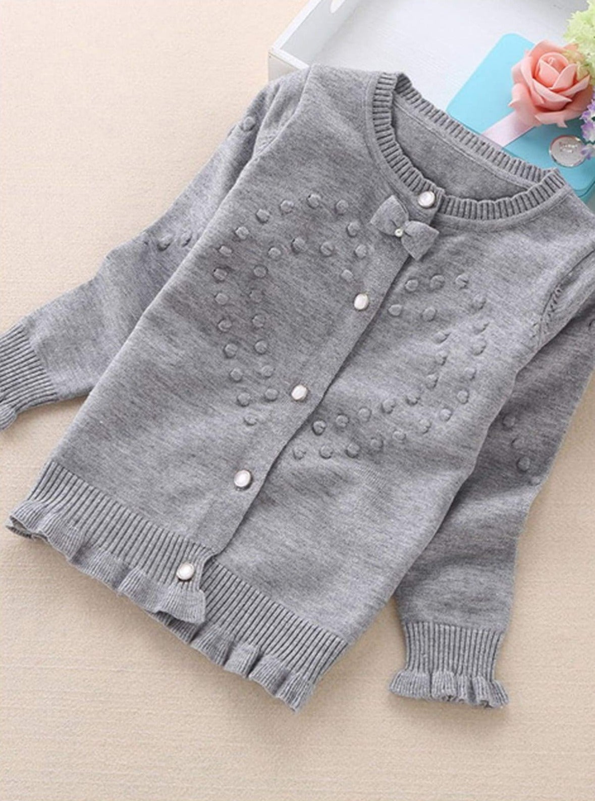 Kids Sweaters | Knit Ruffle Trim Button Up Cardigan | Mia Belle Girls