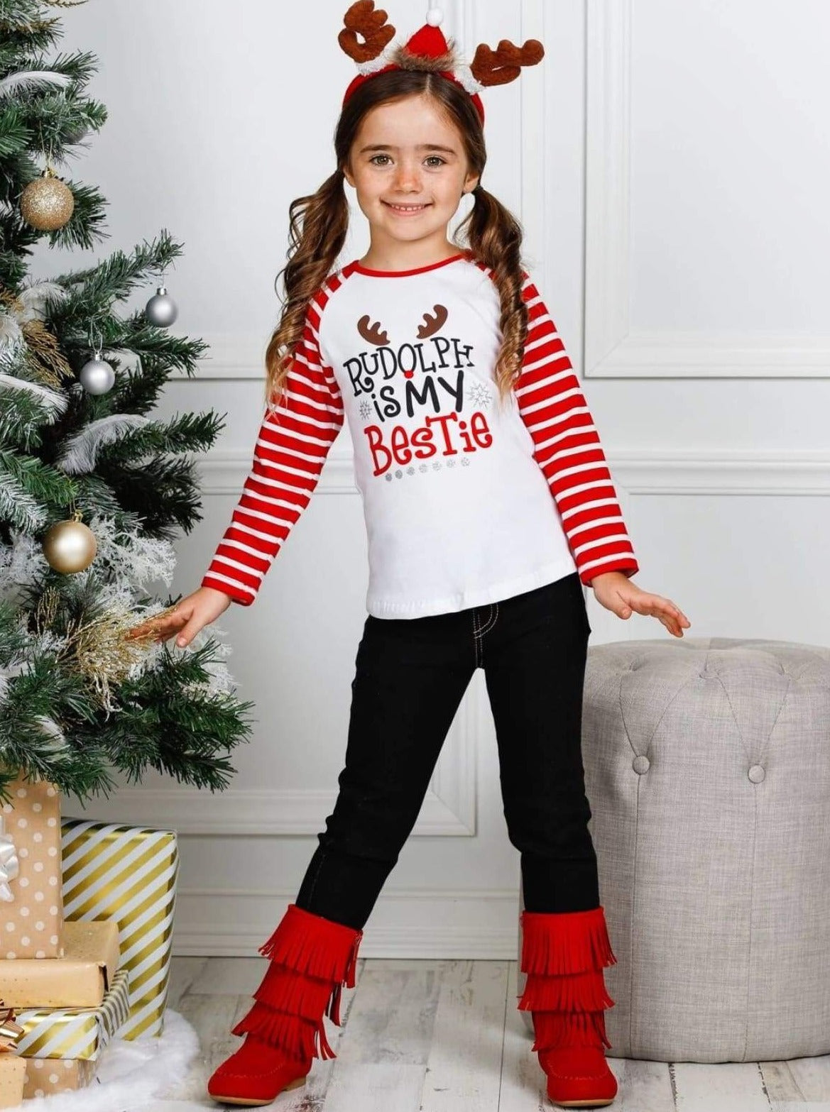 Cute Winter Sets | Girls Rudolph Is My Bestie Top And Cuffed Jeans Set ...