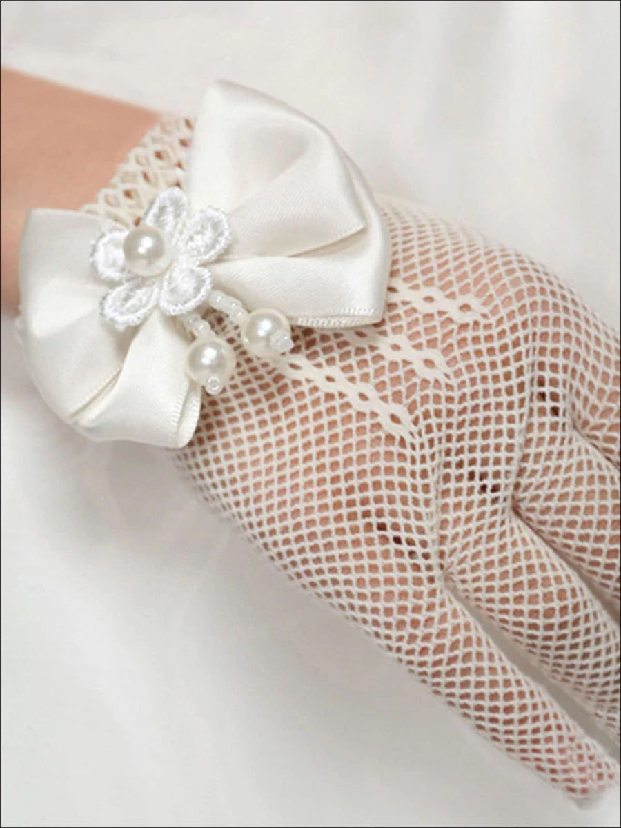 Girls White Pearled Bow Fishnet Gloves – Mia Belle Girls